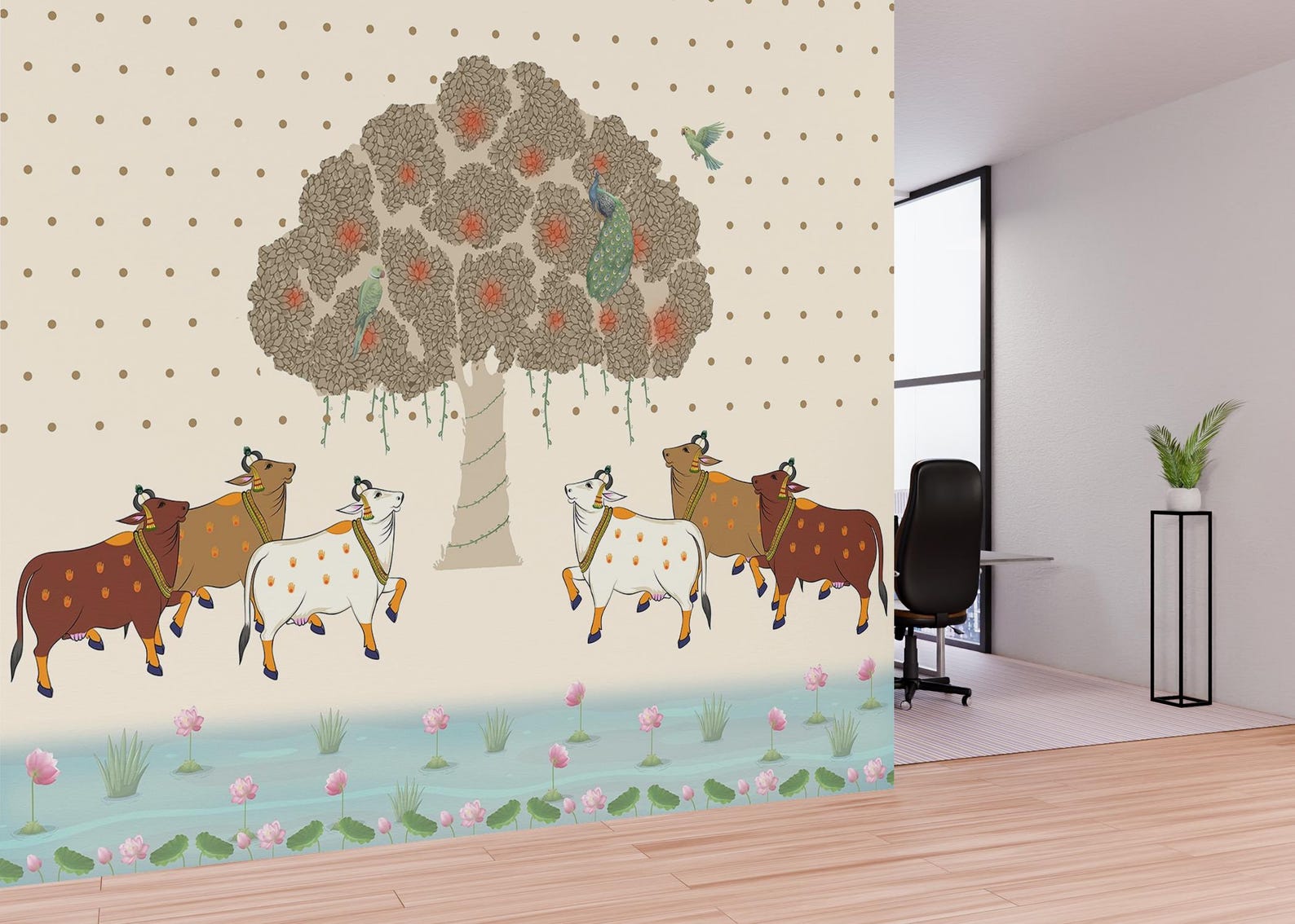 Pichwai Cows & Tree Indian Wallpaper Mural With Peacock and Lotus Pond ...