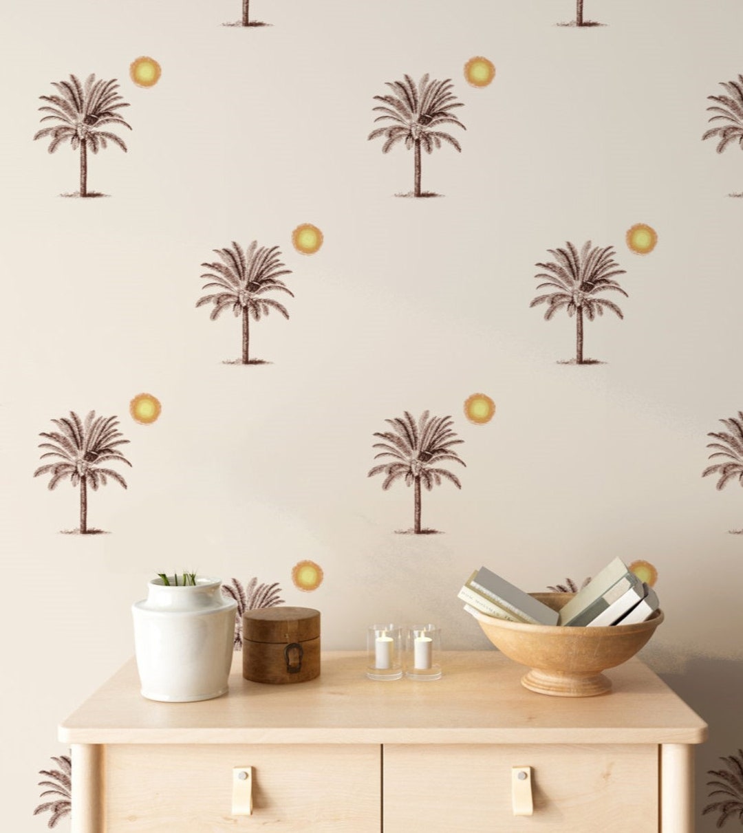 Vintage Tribal Palm Trees Pattern Wallpaper, Custom Bohemian Sunshine ...