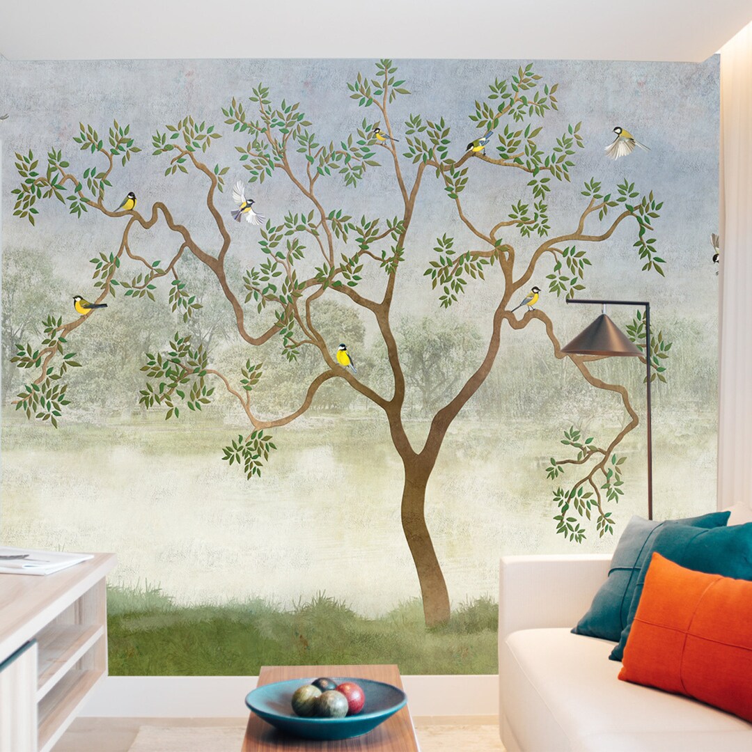 Tree With Birds Hand-painted Watercolor Wallpaper Mural, Tree of Life ...