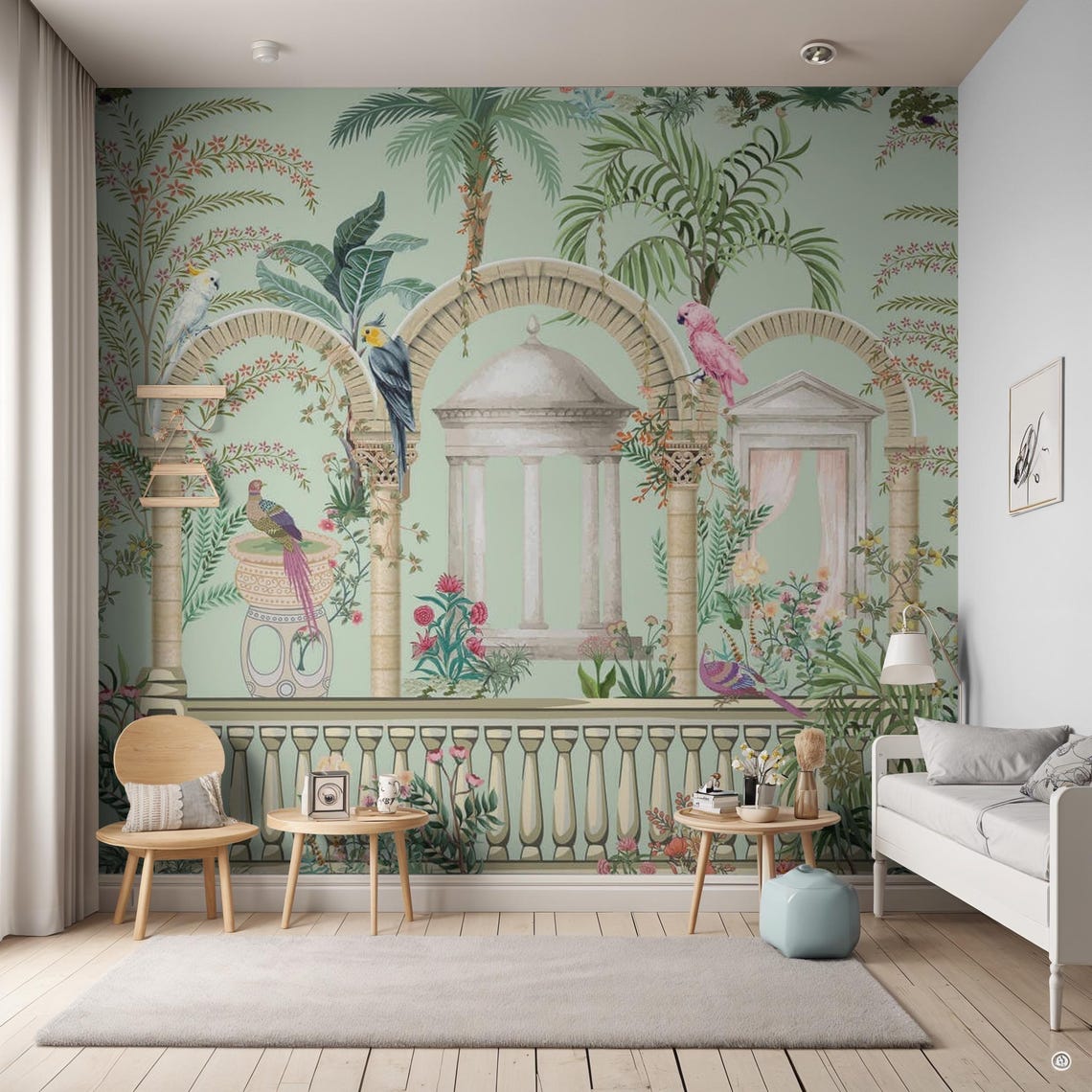 Mughal Wallpaper With Garden Arch, Parrot & Roman Palace Accents – Rich ...