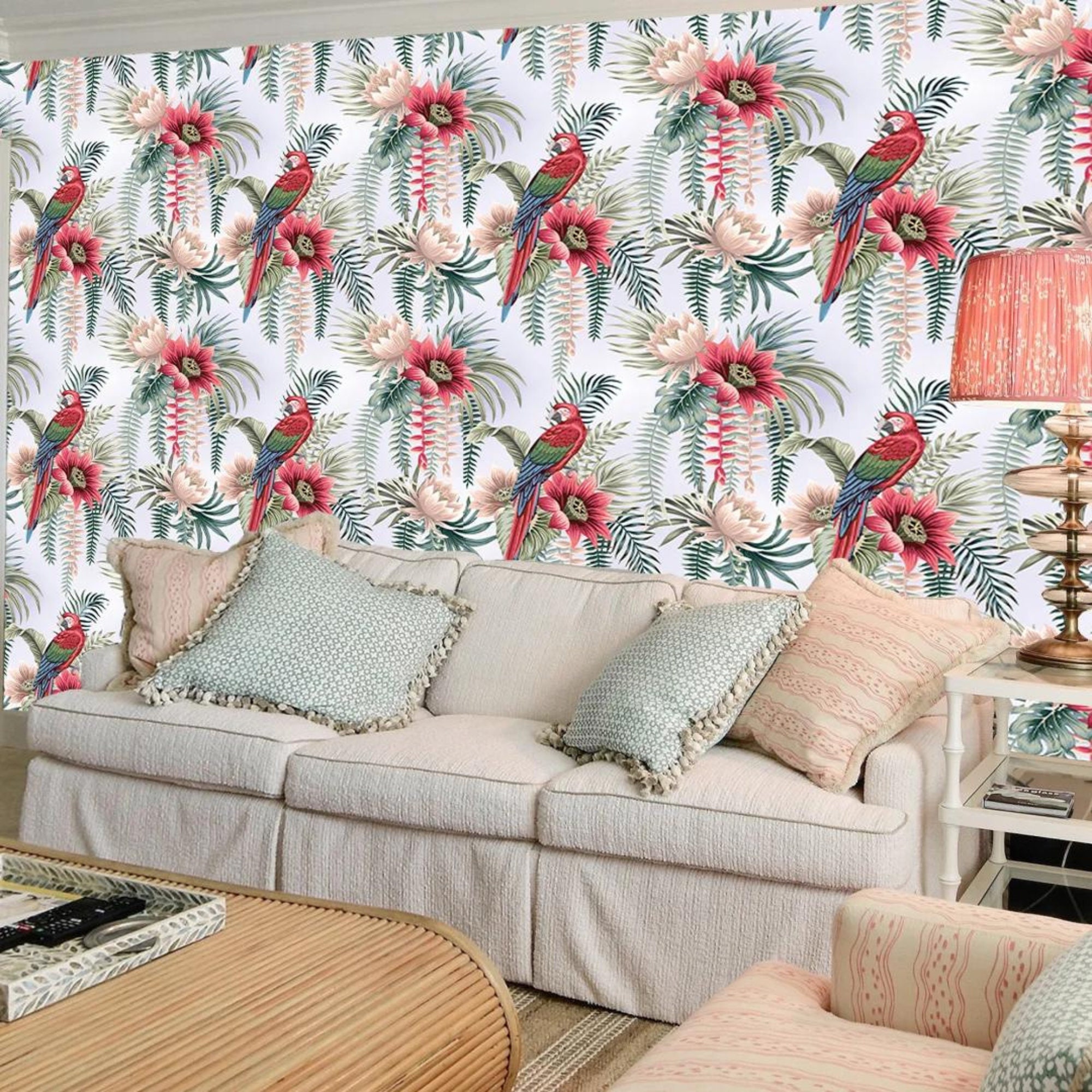 Tropical Leaves and Parrot Wallpaper Parrot Wallpaper Floral Wallpaper ...