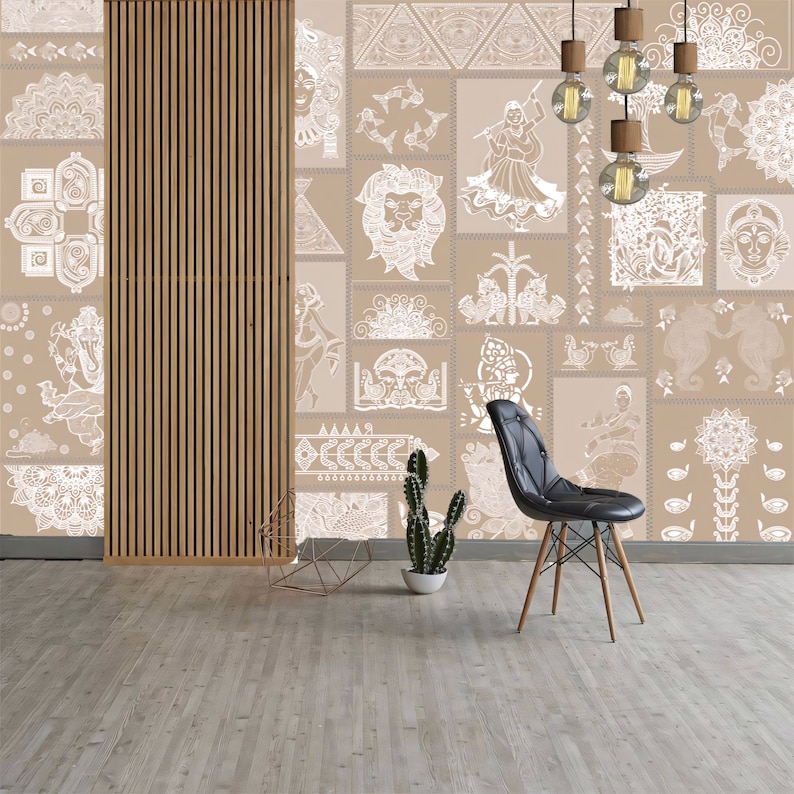 Traditional Madhubani Indian Wallpaper Mural With Beige Background for ...