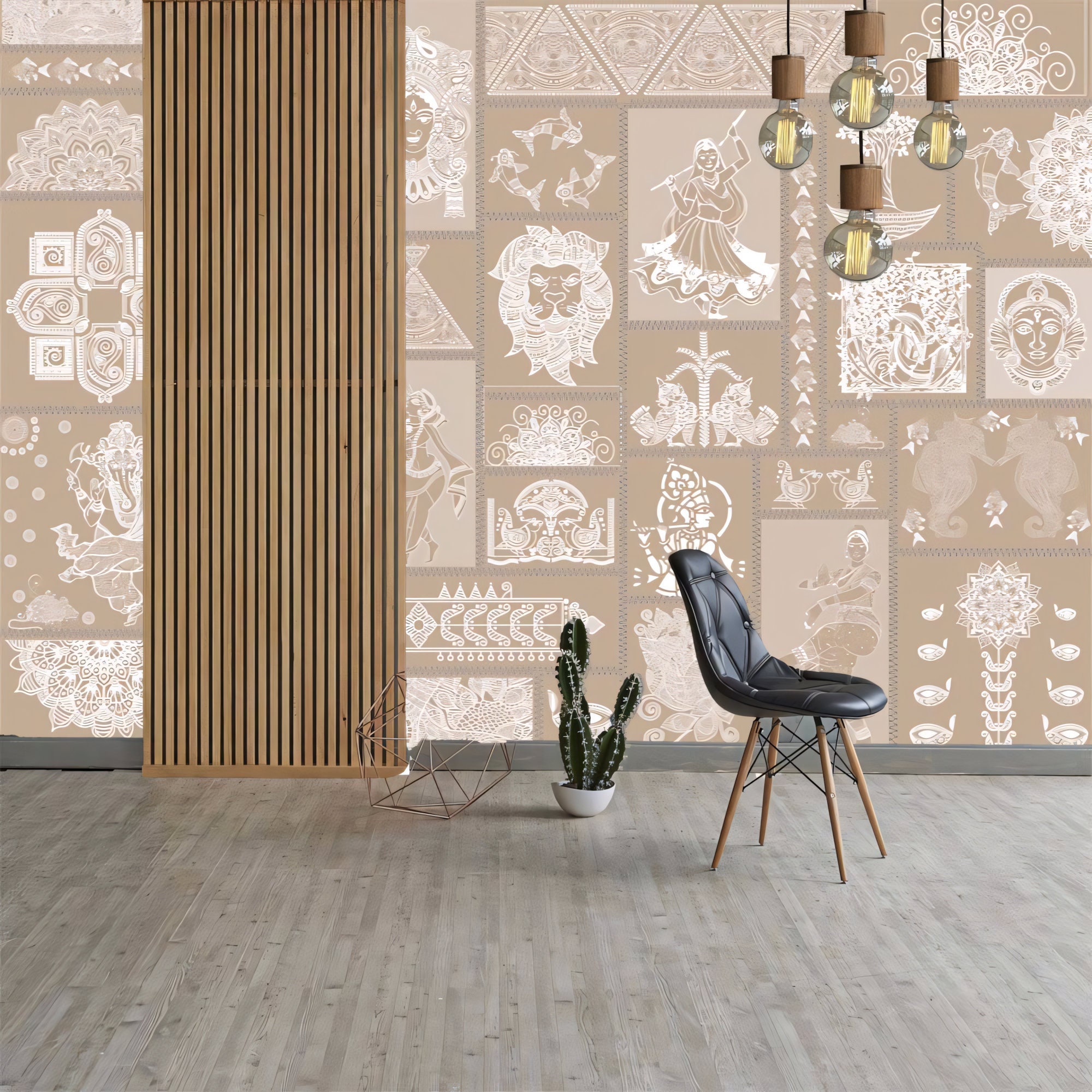 Traditional Madhubani Indian Wallpaper Mural With Beige Background for ...