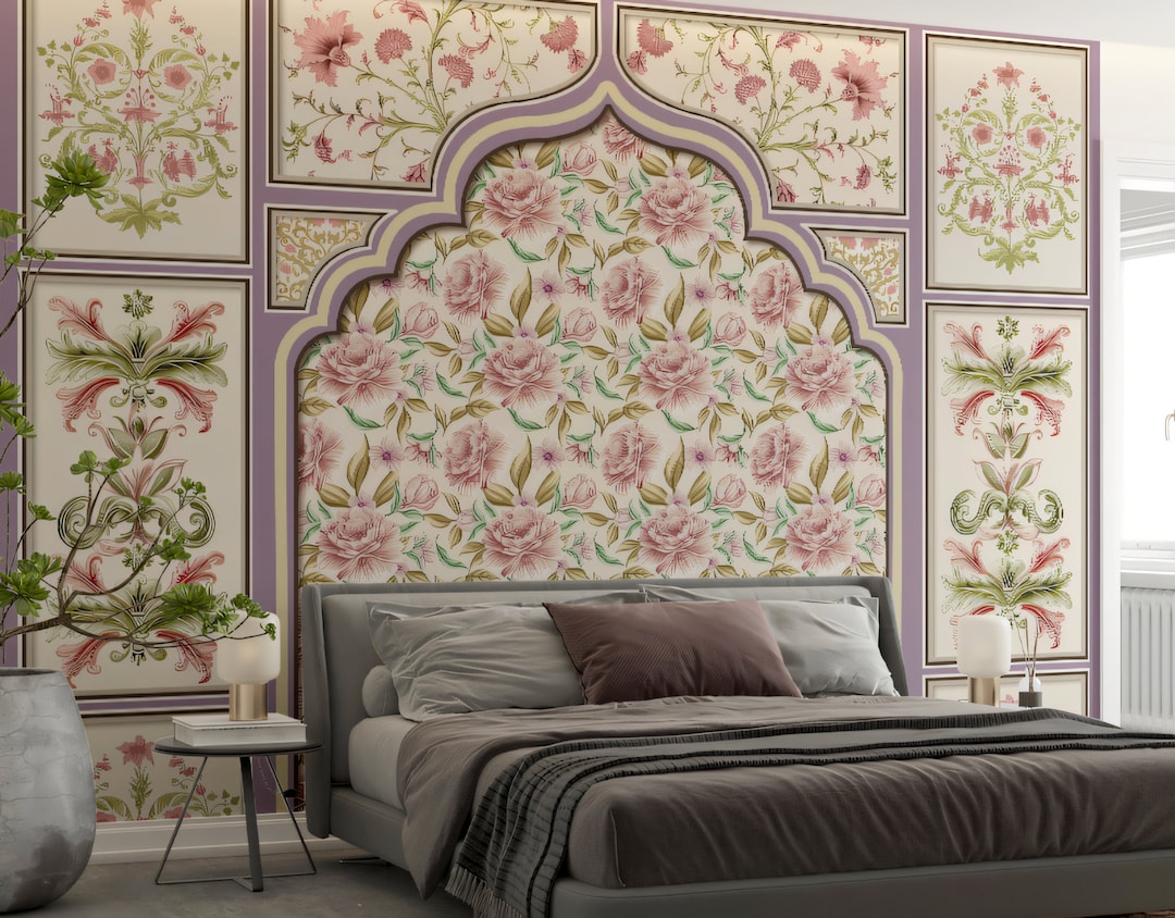 Floral Indian Jaipur Art Wallpaper Mural Vintage Pink Roses Designer ...