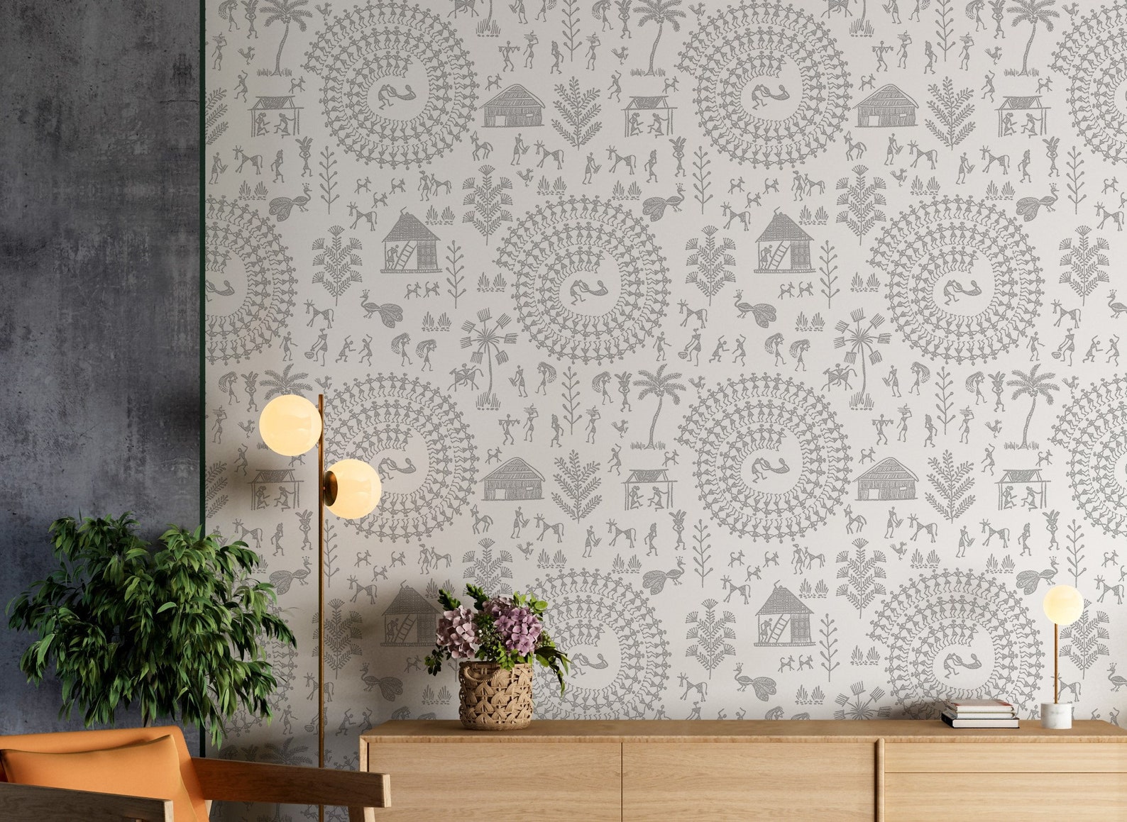 Indian Tribal Warli Art Wallpaper Mural, Ethnic Warli Folk Art Canvas ...