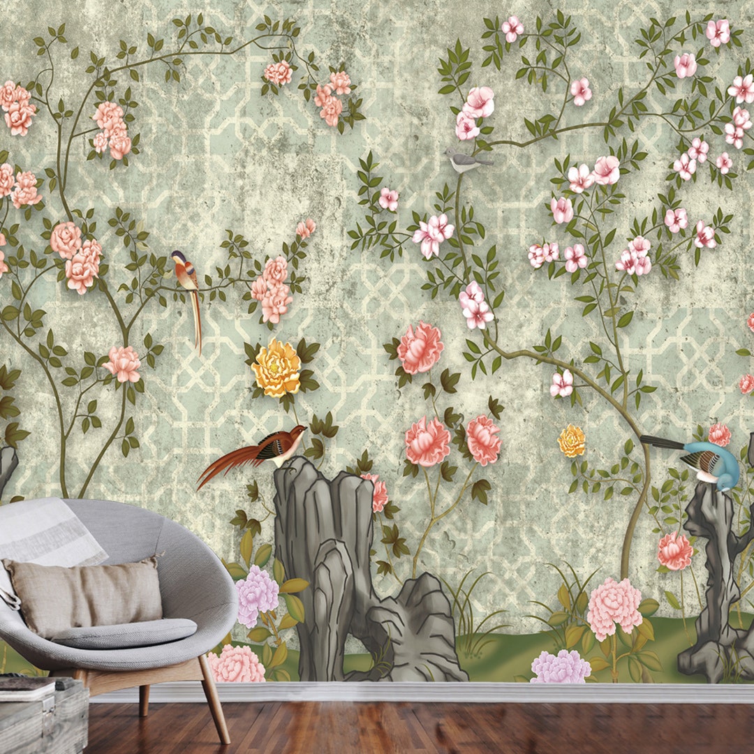 Vintage Flower Tree Retro Wallpaper Mural | Floral Bird Tree Wall Mural ...