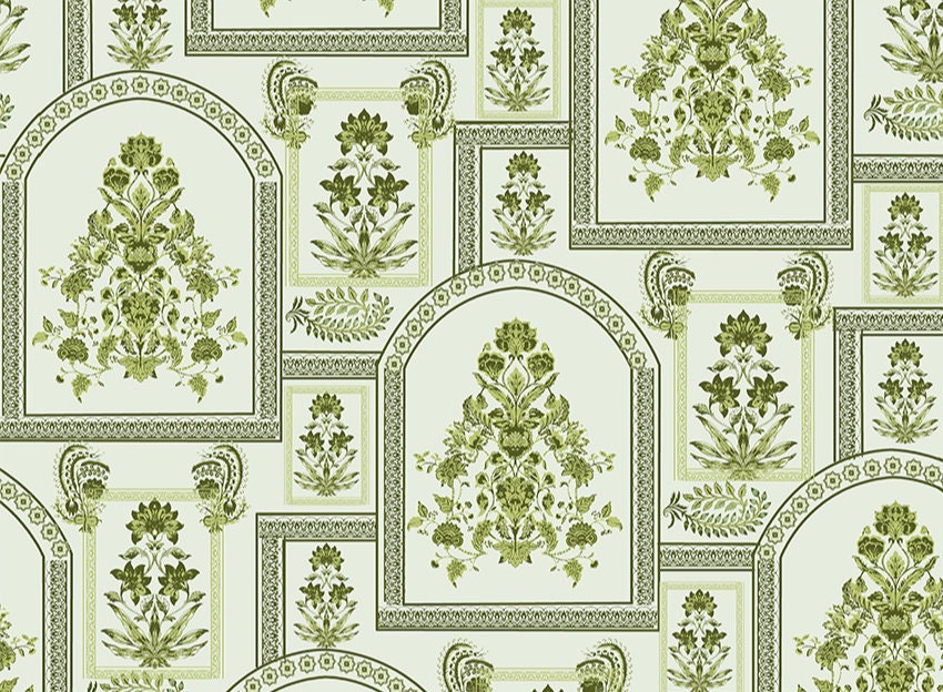 Indian Traditional Mughal Print Green Wallpaper Mural, Botanical ...