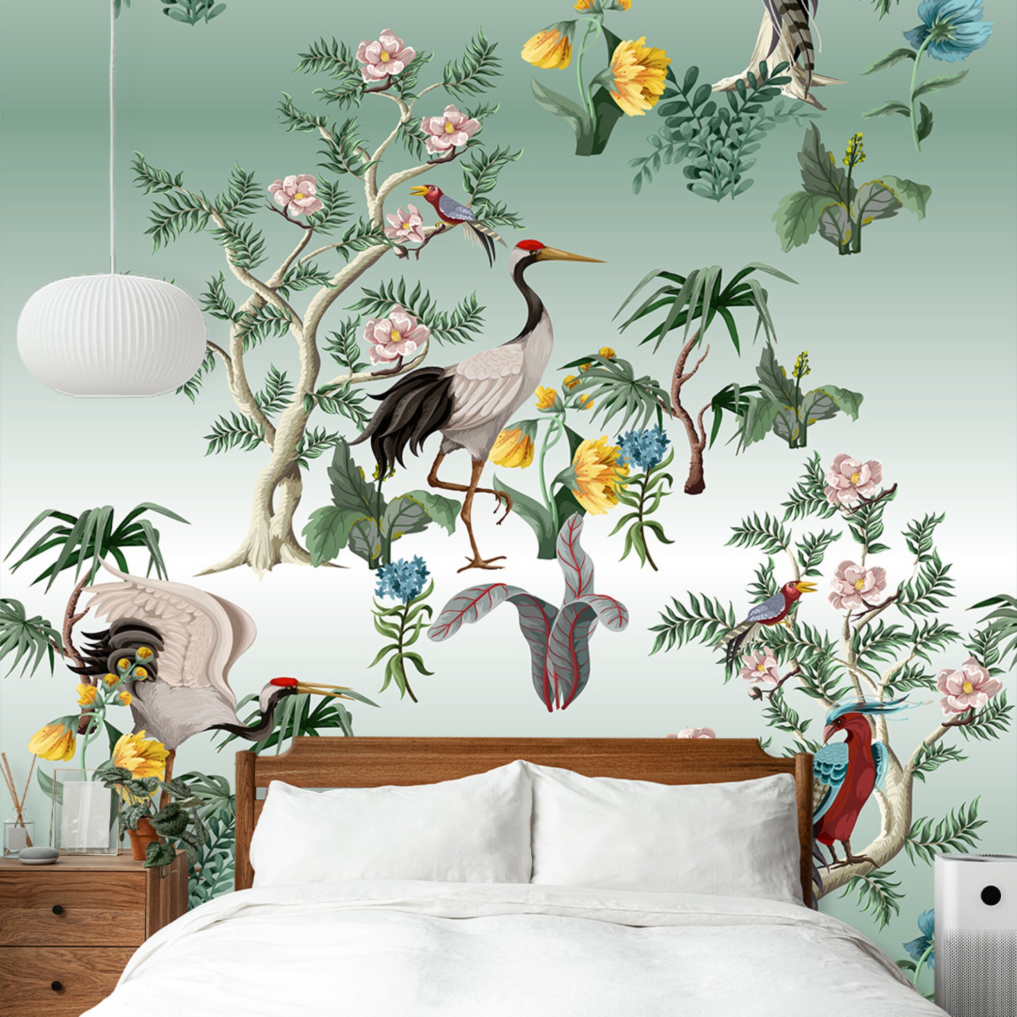 Chinoiserie Wallpaper With Storks Peonies and Tropical Flora, Bohemian ...
