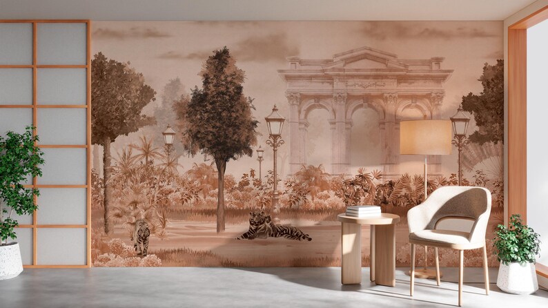 Sepia Tiger British Colonial Wallpaper Mural, Vintage Jungle Landscape ...