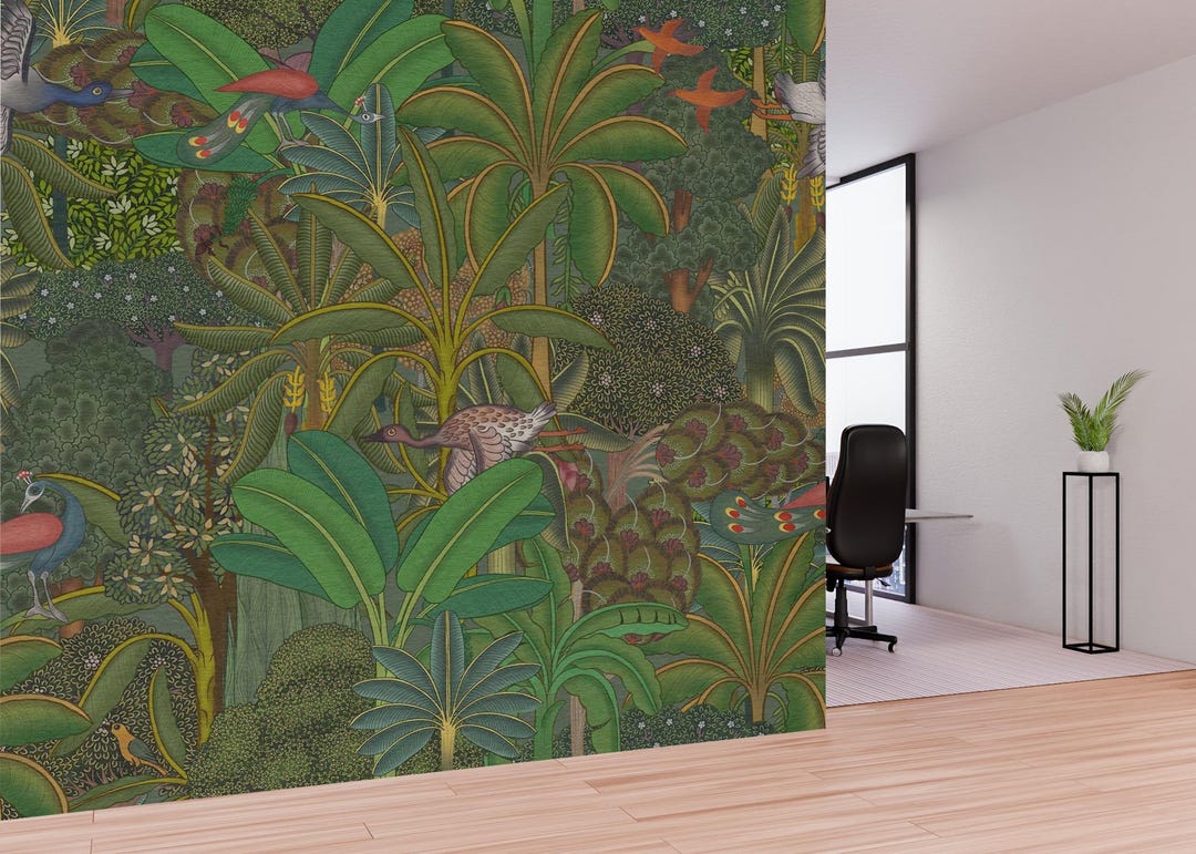 Tropical Forest Wallpaper Mural Featuring Exotic Birds Flying Lush ...