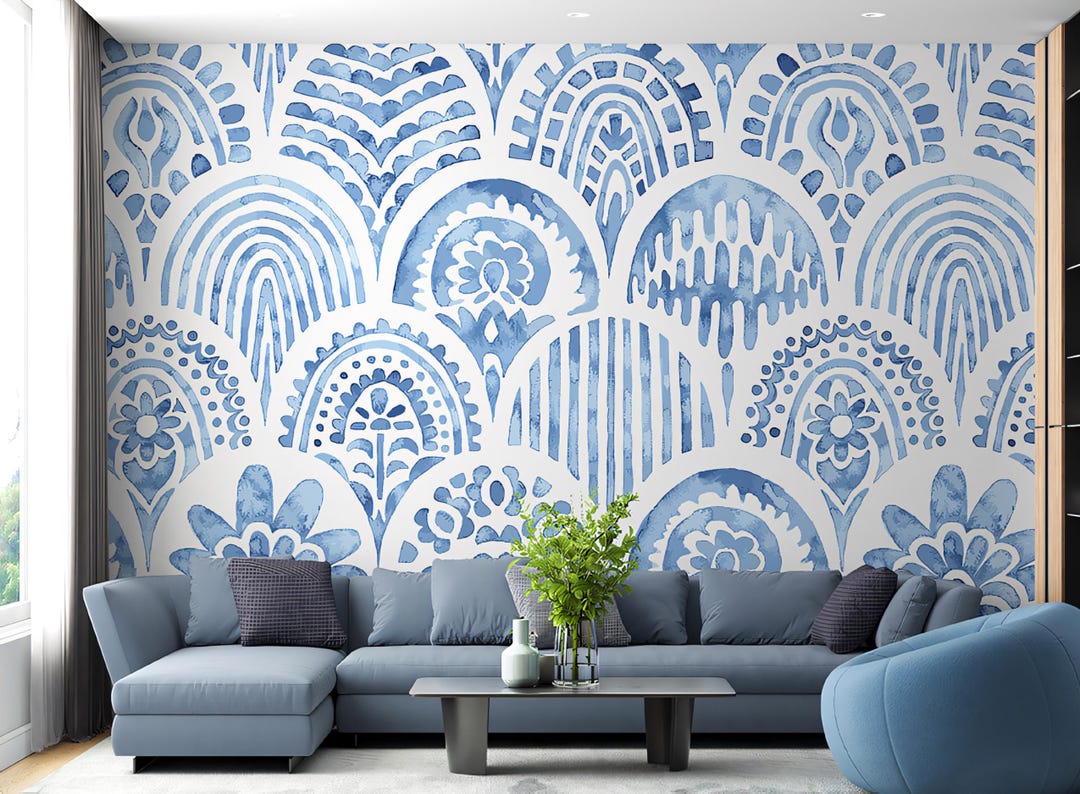 Blue Floral Arched Wallpaper, Traditional Hand-painted Arch & Floral ...