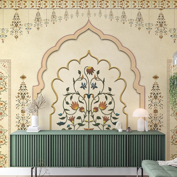 Kashi Reverie Wallpaper Mural: Golden Sepia Indian Temple Scene - Etsy ...