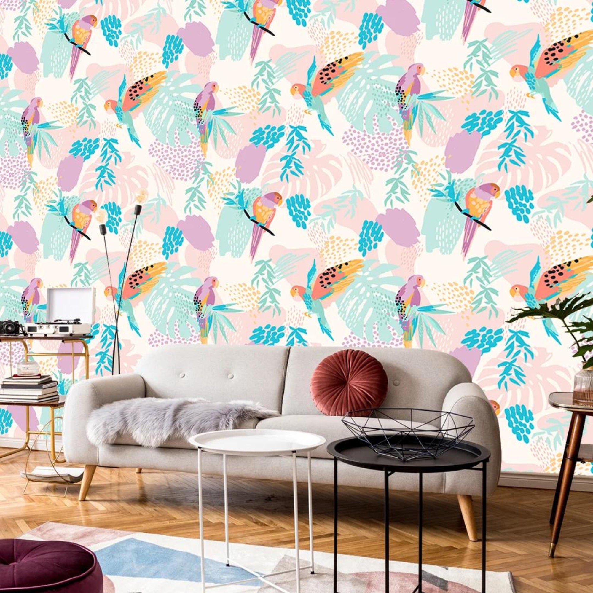 Colorful Parrot on Palm Leaf Seamless Pattern Wallpaper Birds and ...