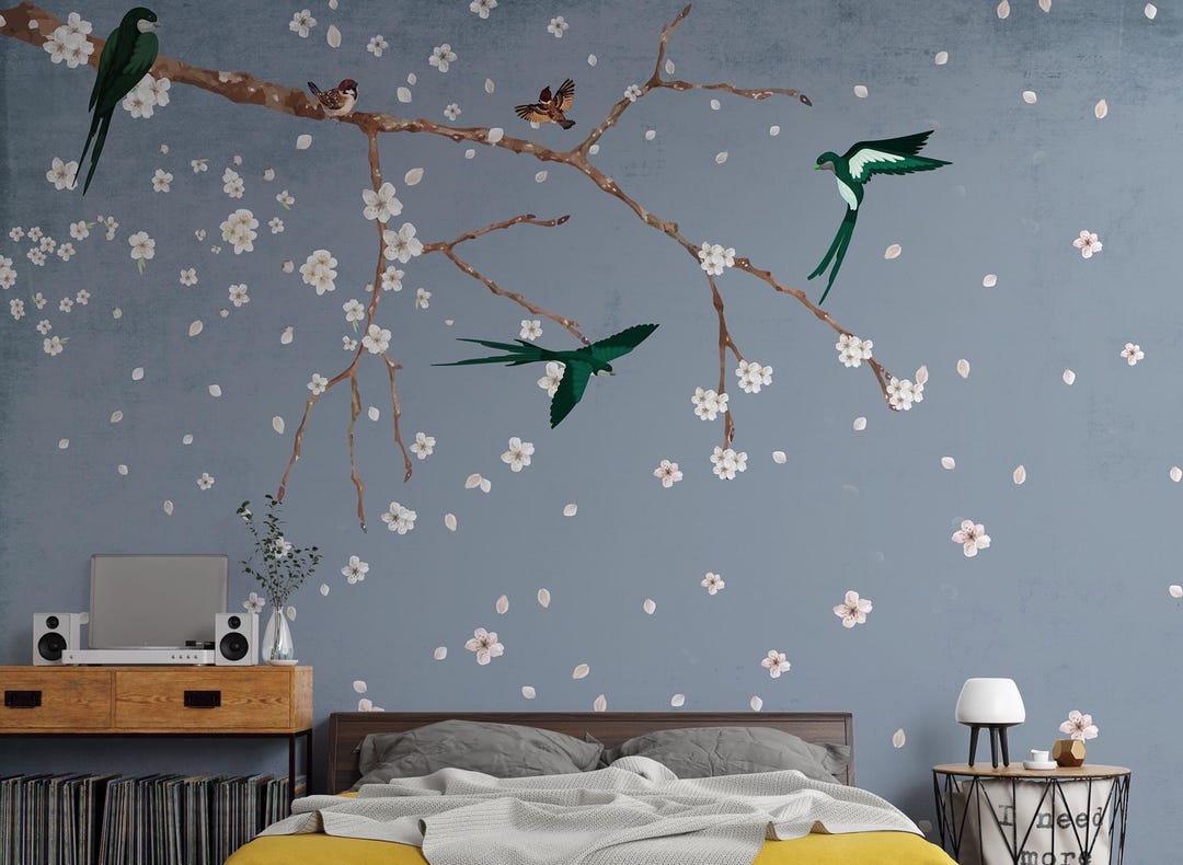 Floral Birds Wallpaper Mural for Bedroom, Branch & Bird Wall Covering ...