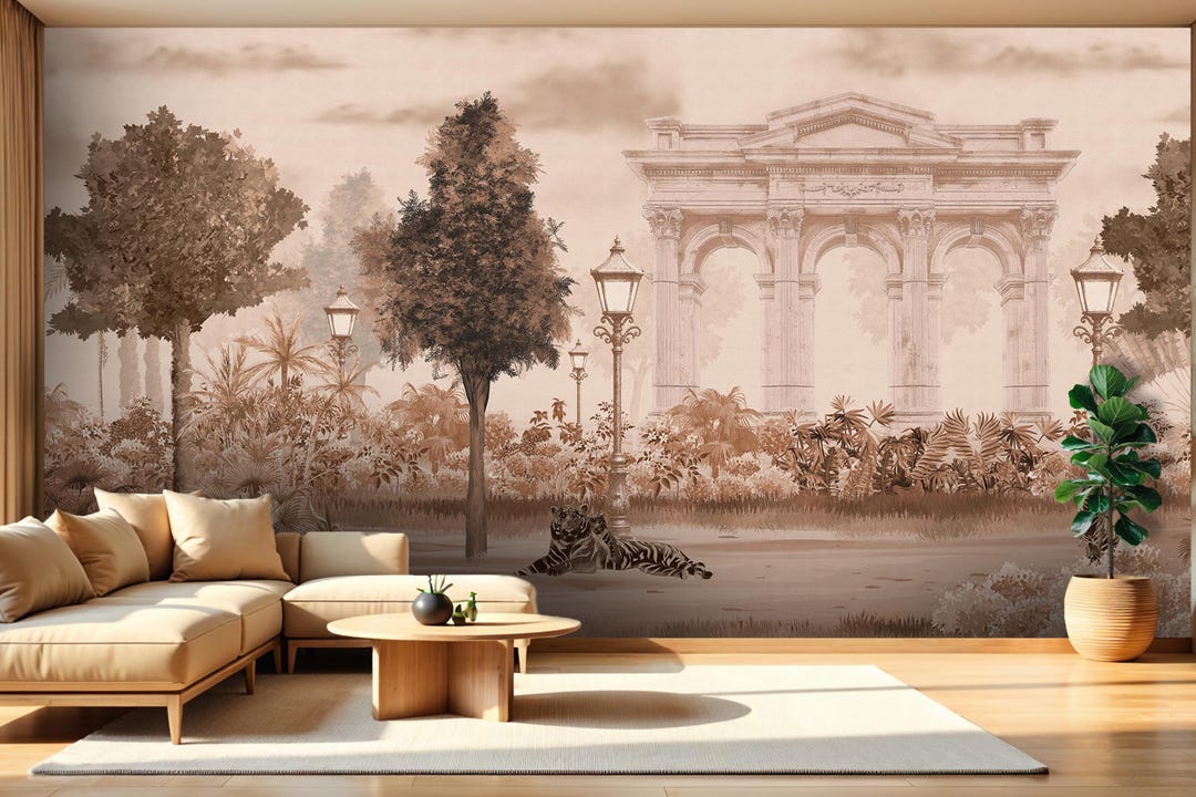 Sepia Tiger British Colonial Wallpaper Mural, Vintage Jungle Landscape ...