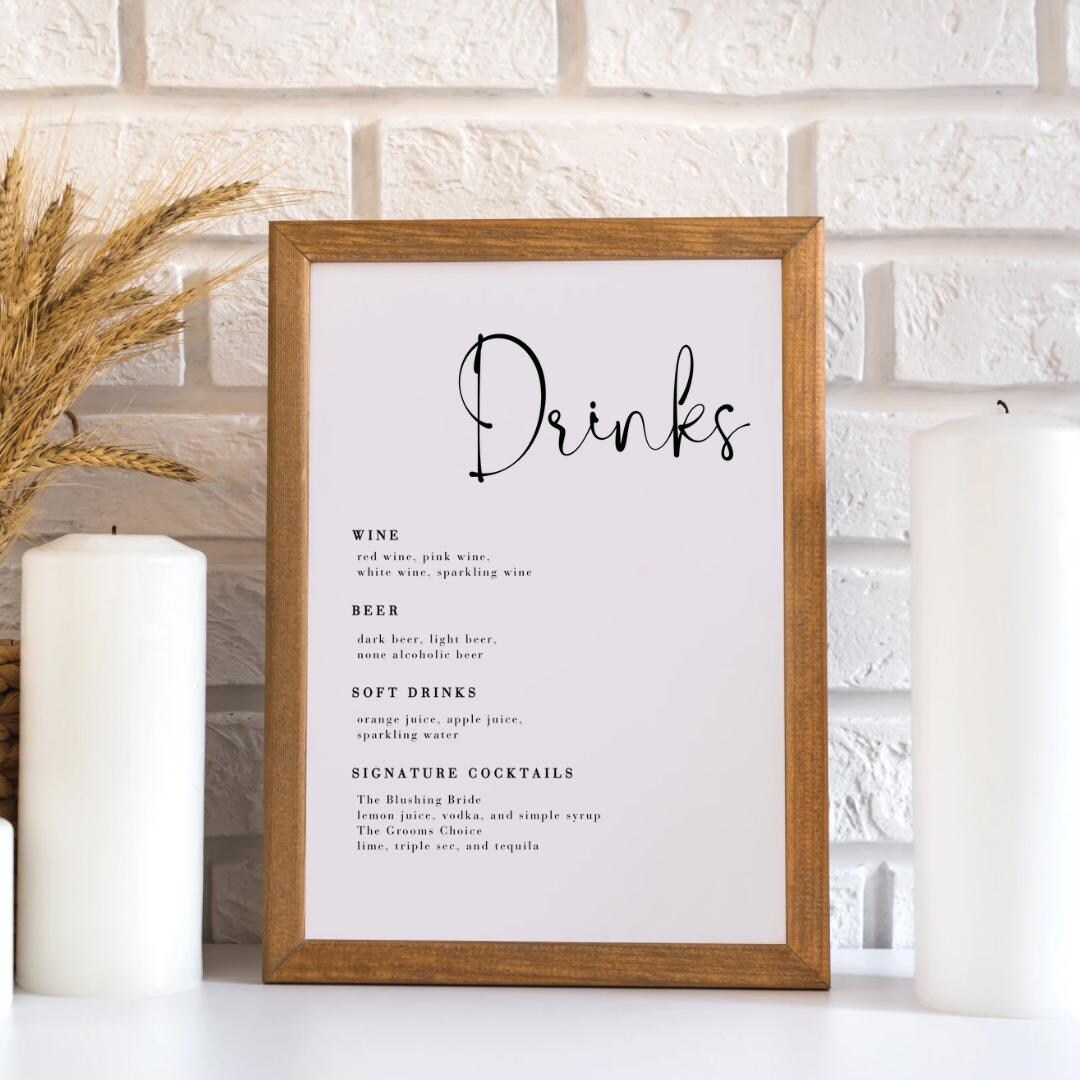 Customizable Drinks Menu Card Template, Minimalist Bar Sign, Wedding ...