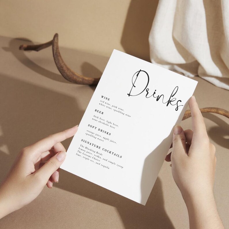 Customizable Drinks Menu Card Template, Minimalist Bar Sign, Wedding ...