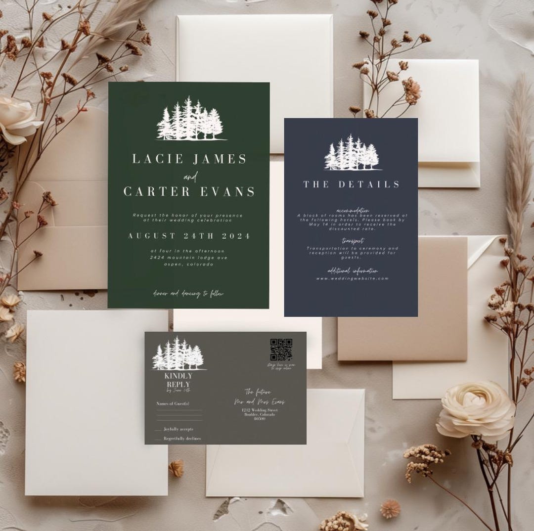 Pine Tree Forest Wedding Suite Canva Template, Winter Theme Digital ...