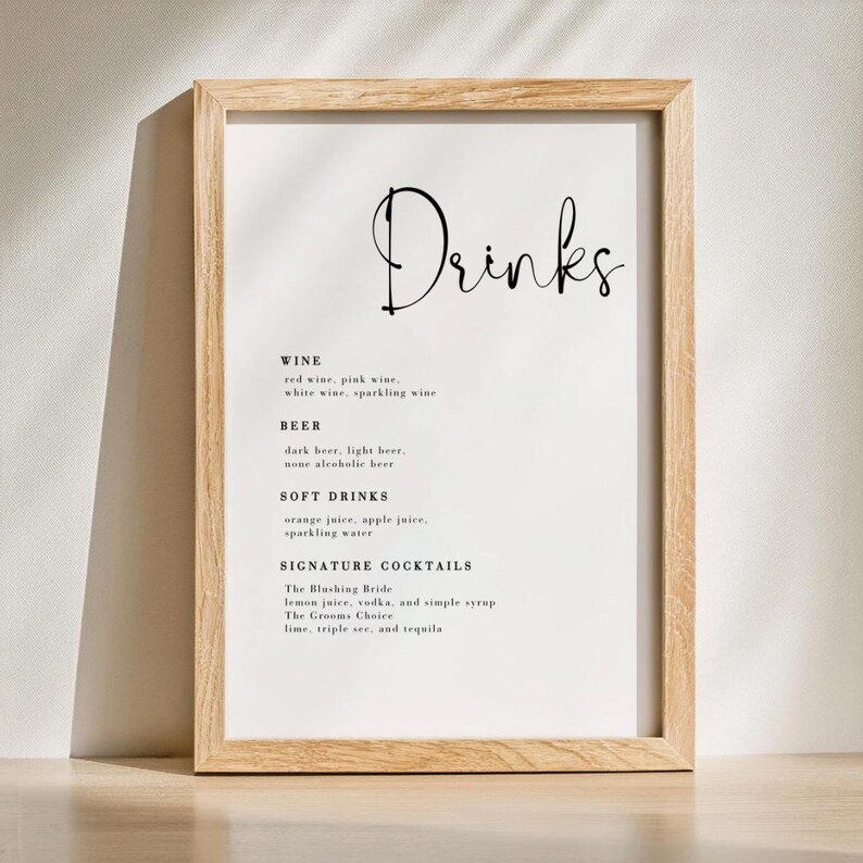 Customizable Drinks Menu Card Template, Minimalist Bar Sign, Wedding ...