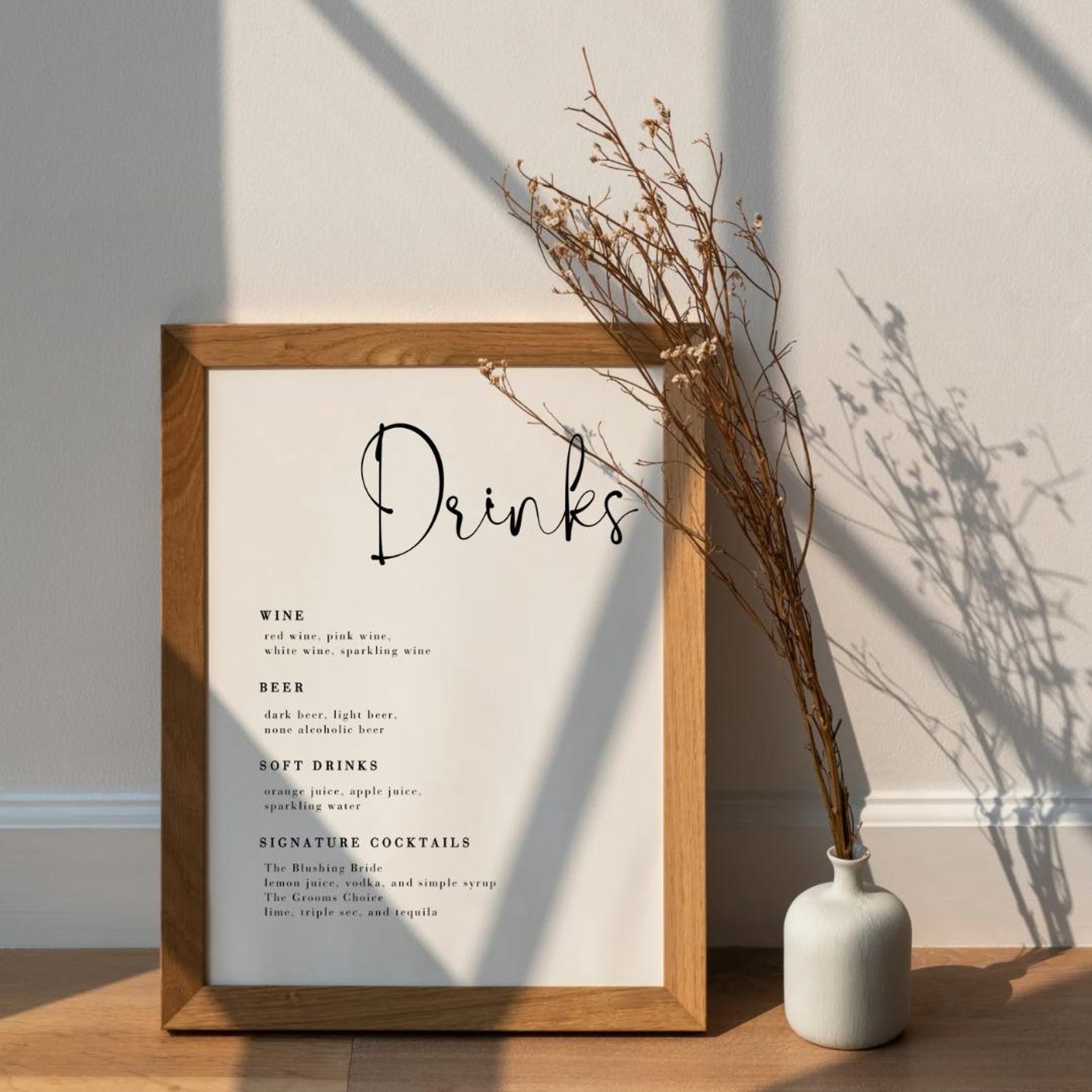Customizable Drinks Menu Card Template, Minimalist Bar Sign, Wedding ...