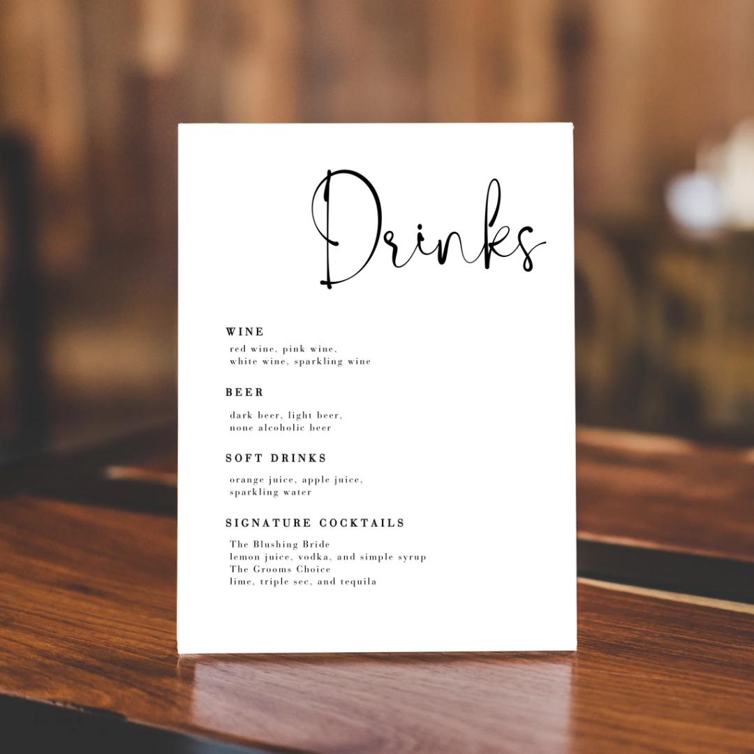 Customizable Drinks Menu Card Template, Minimalist Bar Sign, Wedding ...