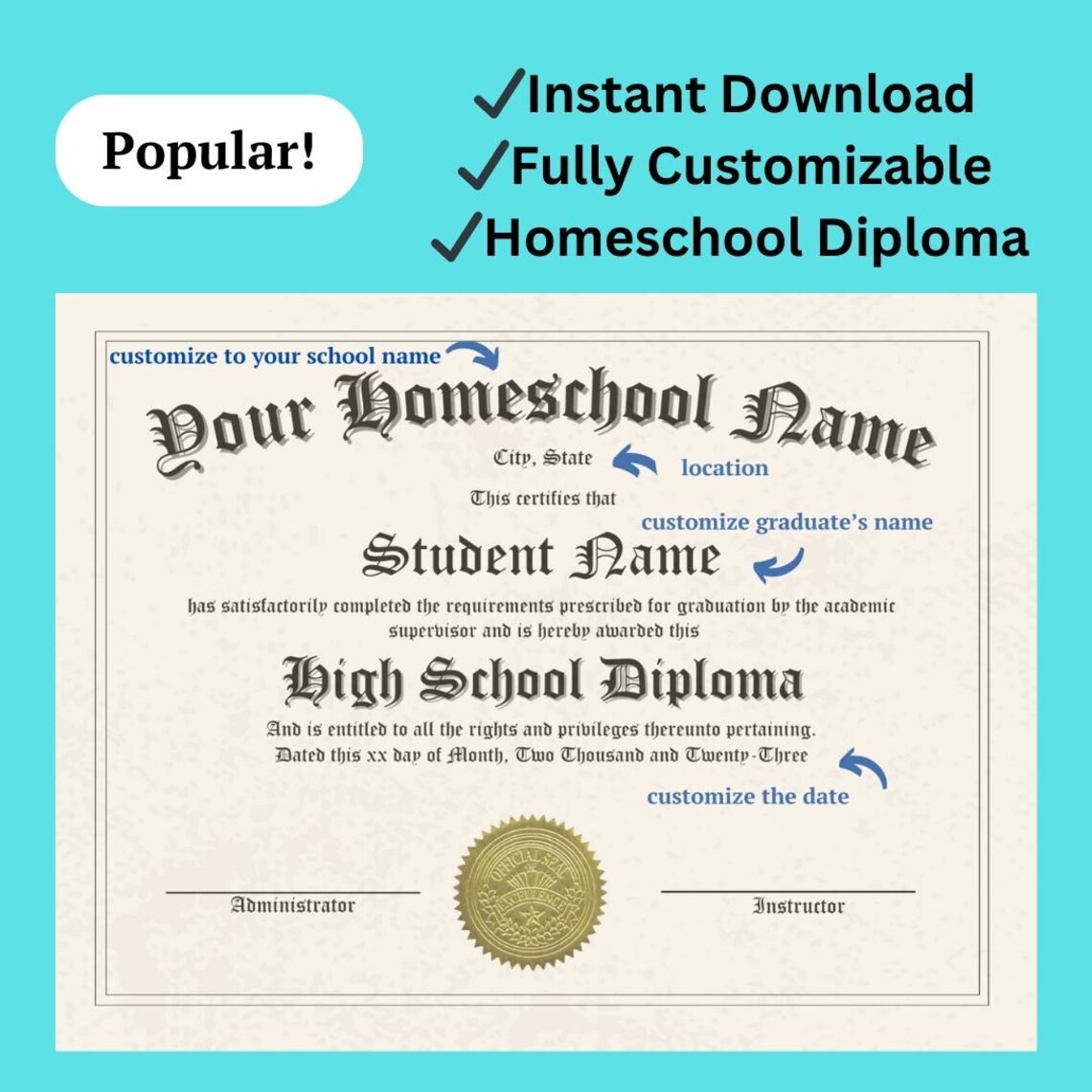 Custom Diploma, Highschool Diploma, Homeschool Diploma, Customizable ...