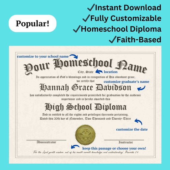 Christian High School Diploma Sample Printable Homeschool Diploma