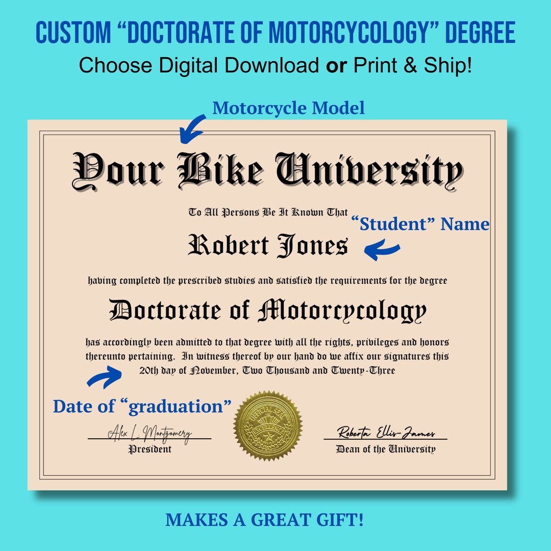 Motorcycle Gift, Custom-made Diploma, Biker Diploma, Customizable ...