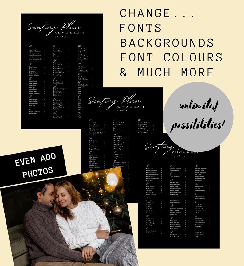 Black, Seating Chart, INSTANT DOWNLOAD Portrait, Sign, Signage, Table ...