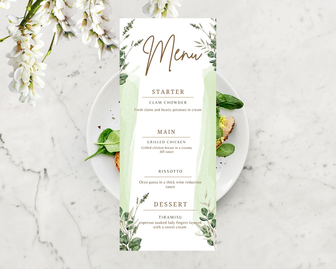 Green Menu INSTANT DOWNLOAD, Wedding Menu, DIY Printable Decorations ...