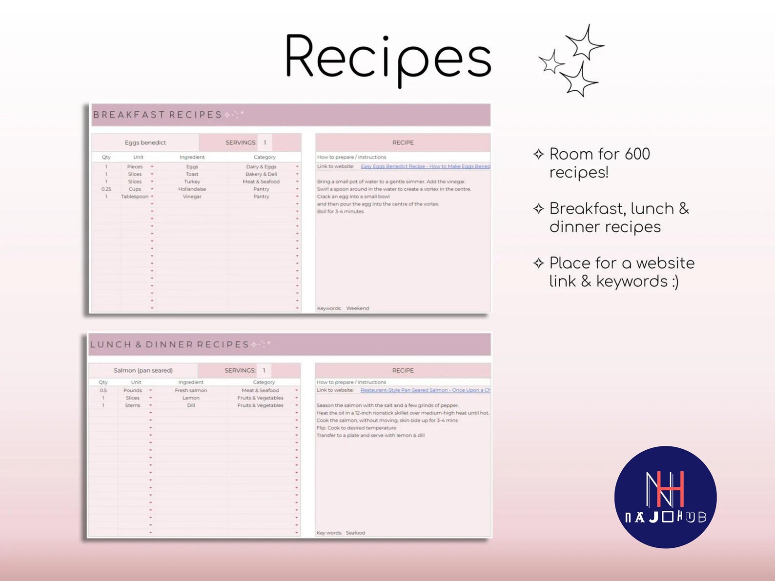 Weekly Meal Planner and Grocery List, Google Sheets Digital Template ...