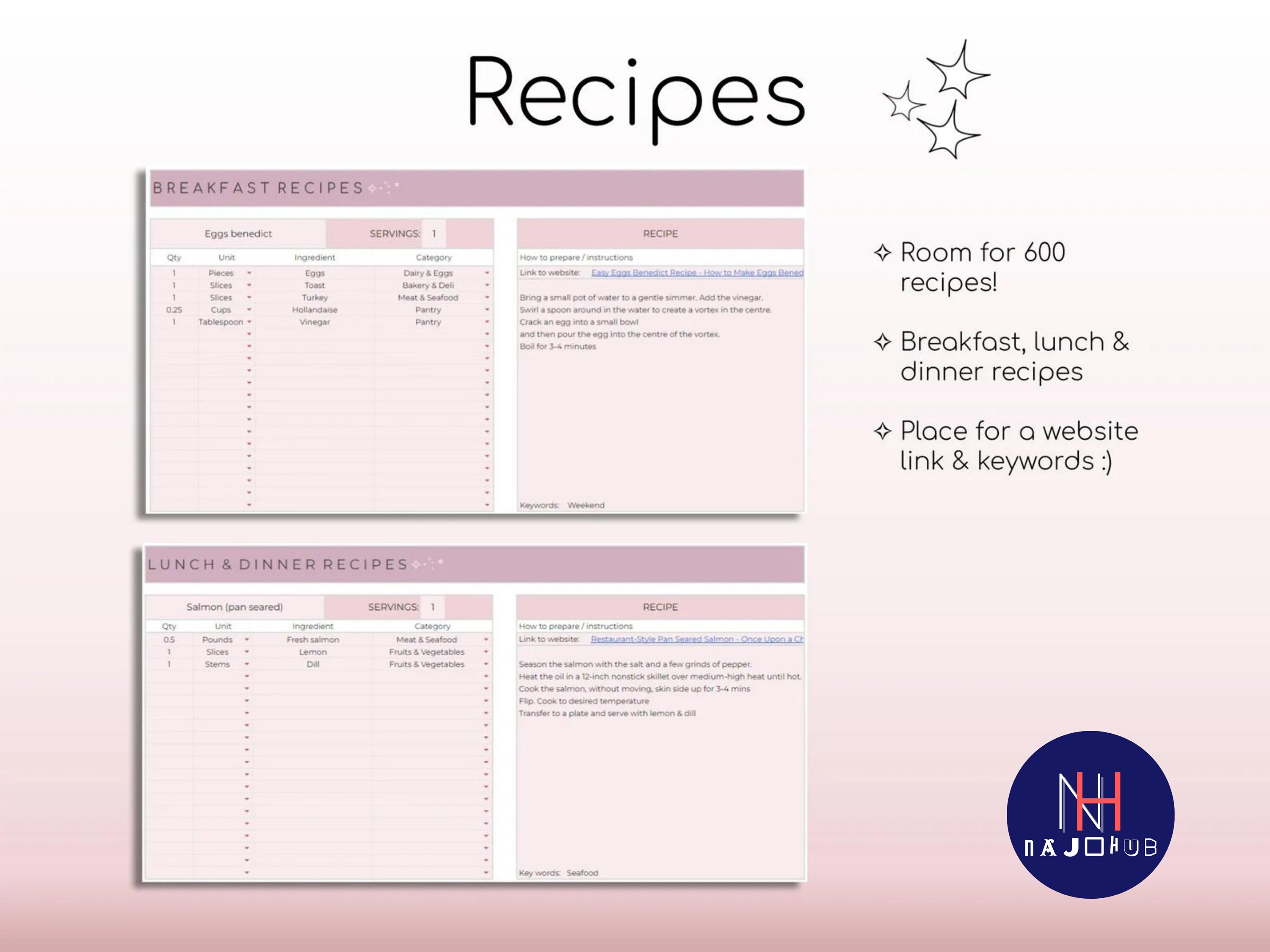 Weekly Meal Planner and Grocery List, Google Sheets Digital Template ...