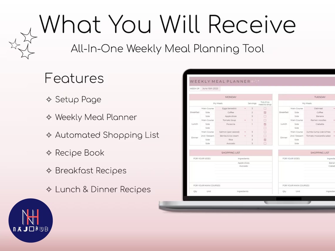 Weekly Meal Planner and Grocery List, Google Sheets Digital Template ...