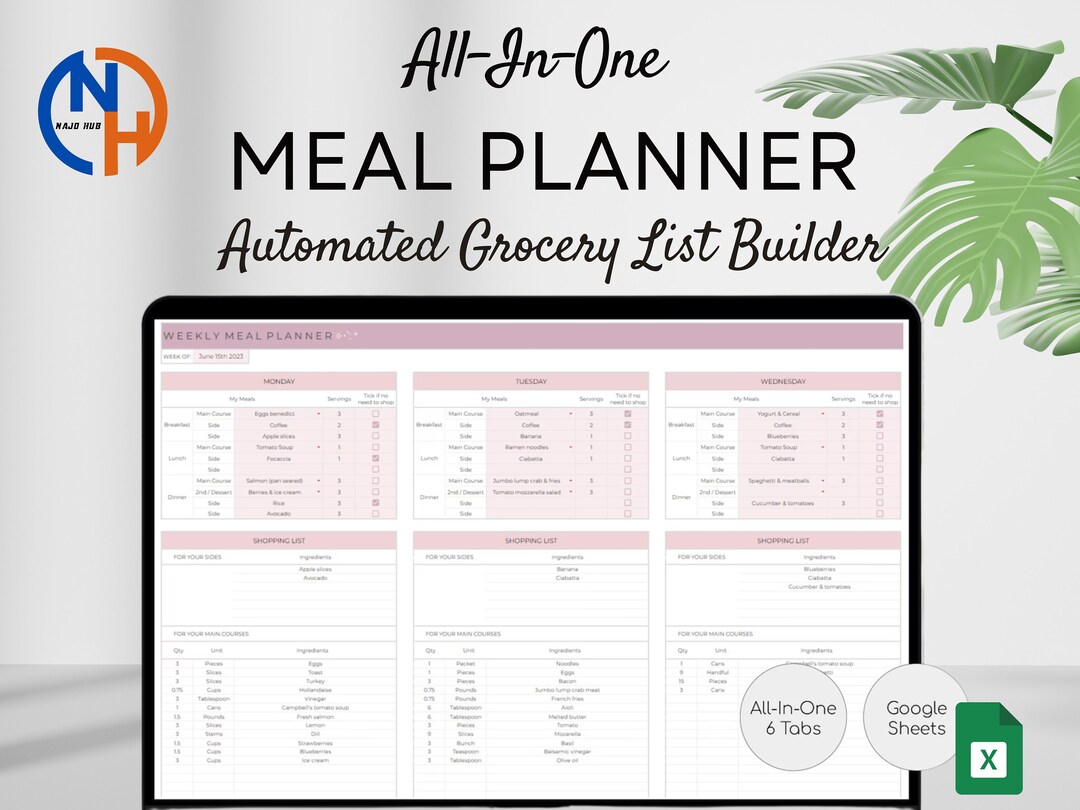 Weekly Meal Planner and Grocery List, Google Sheets Digital Template ...