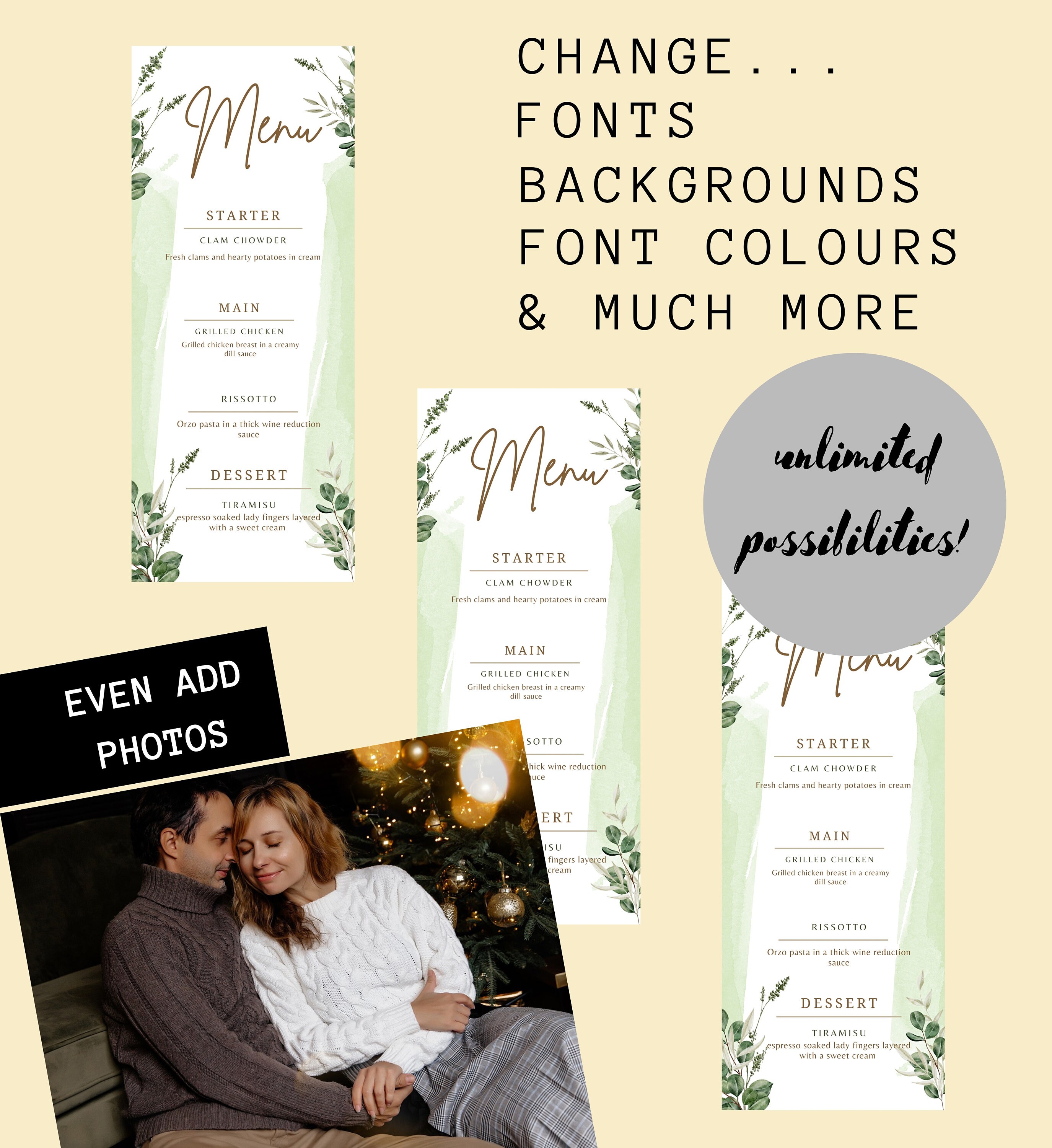 Green Menu INSTANT DOWNLOAD, Wedding Menu, DIY Printable Decorations ...