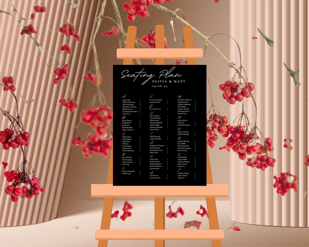 Black, Seating Chart, INSTANT DOWNLOAD Portrait, Sign, Signage, Table ...