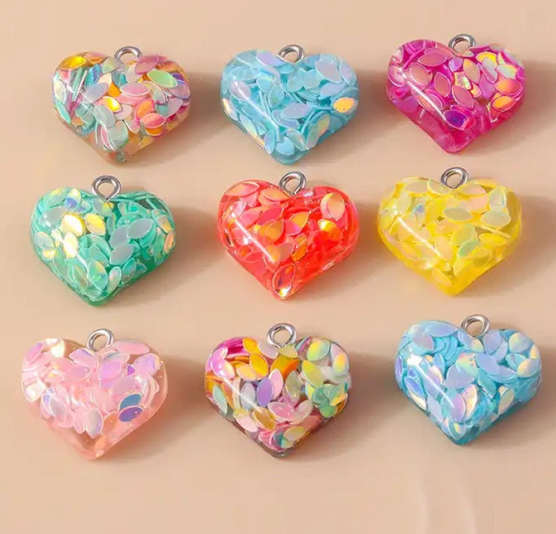 10 Pieces of Heart Charms, Kawaii Resin Charms, Glitter Charms, Love ...