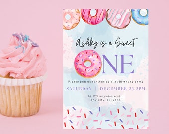 EDITABLE Sprinkle Birthday Invitations, Pink Gold Teal Sweet One Theme ...