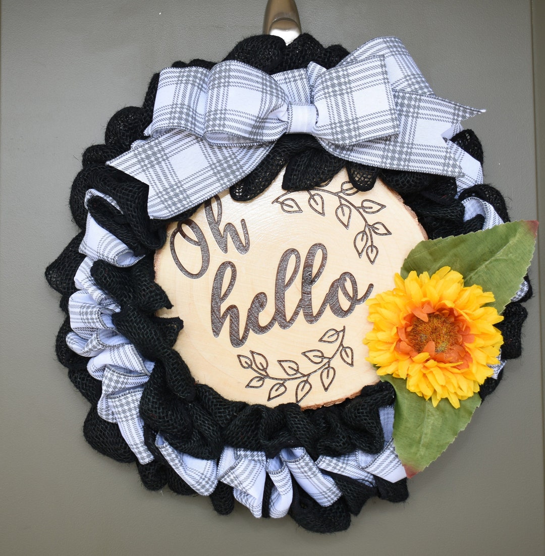 Farmhouse Wreath Oh Hello, Black and Gray Burlap Farmhouse Wreath ...