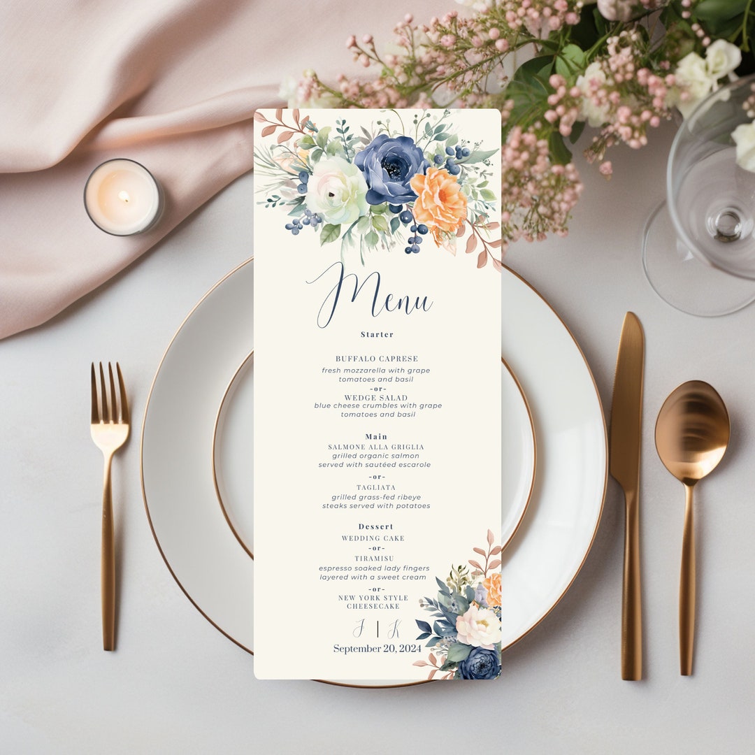 Navy Blue Orange Floral Wedding Menu Template, Blue & Coral Floral ...