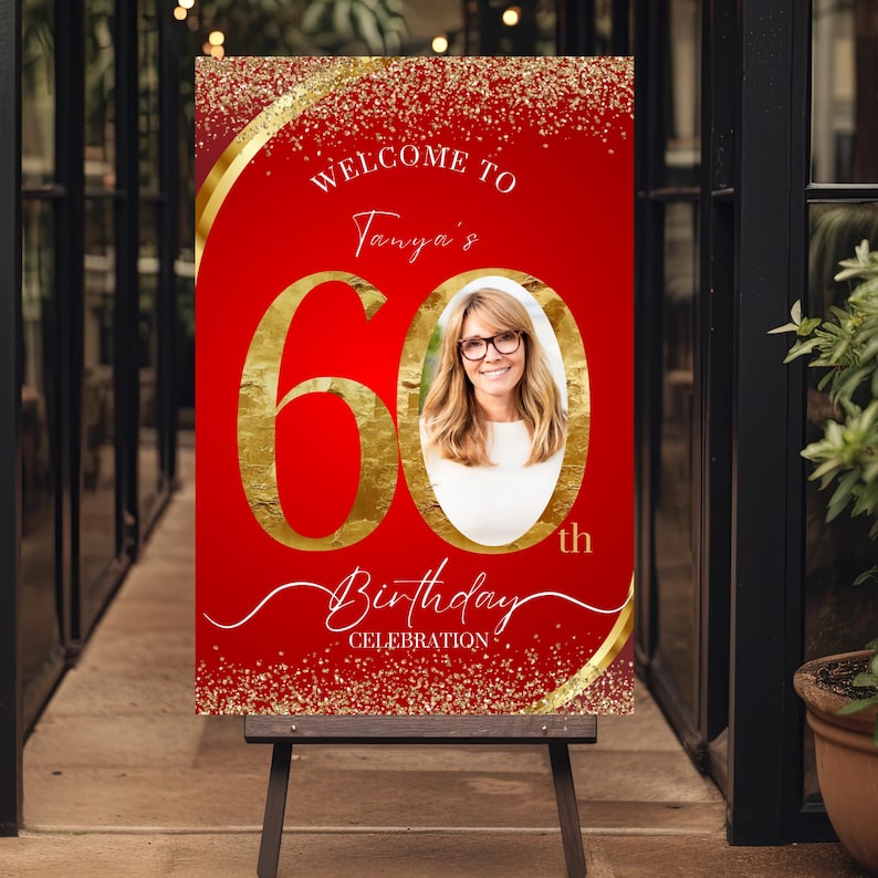 Red 60th Birthday Welcome Sign With Photo, Red & Gold Party Poster, Red ...