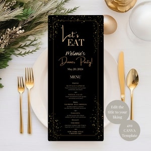 Black and Gold Wedding Menu Template, Black and Gold Birthday Dinner ...