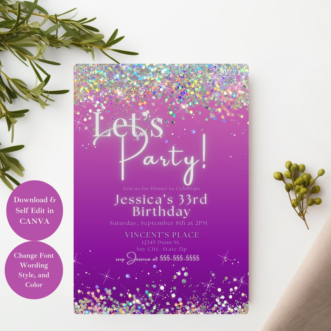 Purple Glitter Diamond Birthday Invitation Template (digital Download ...