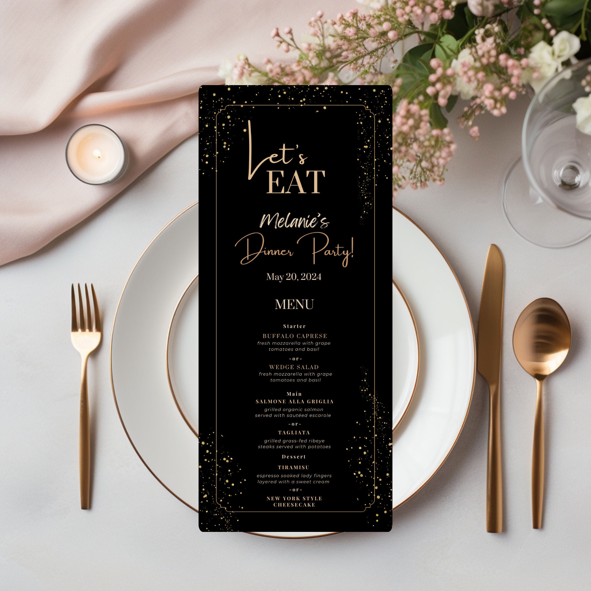 Black and Gold Wedding Menu Template, Black and Gold Birthday Dinner ...