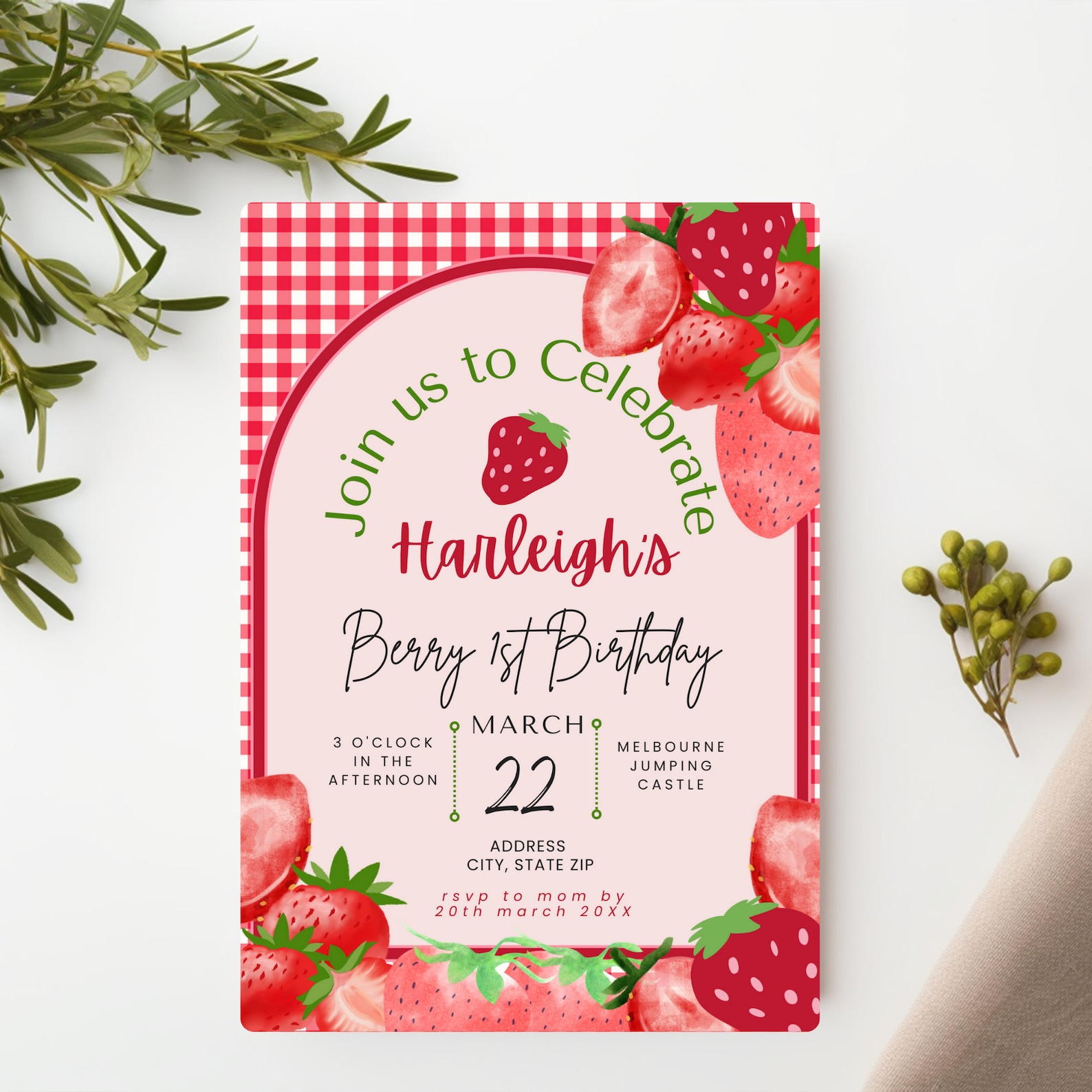Strawberry 1st Birthday Invitation Template, Berry 1st Birthday ...