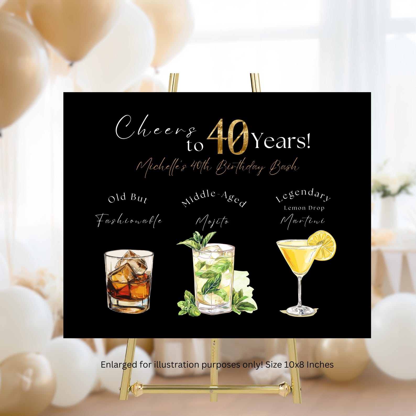 40th Birthday Drink Menu Sign: Black & Gold, Editable (digital Download ...