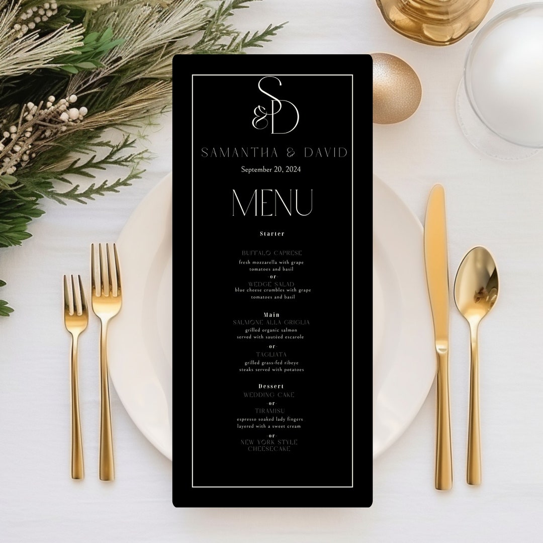 Modern Black & White Monogram Wedding Menu Template (canva Editable) - Etsy