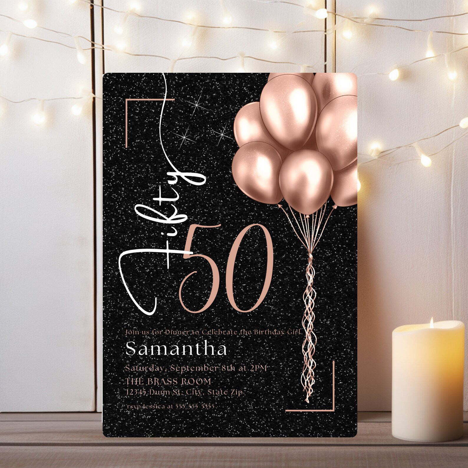 Black and Rose Gold 50th Birthday Invitation, Pink and Black Shimmer ...