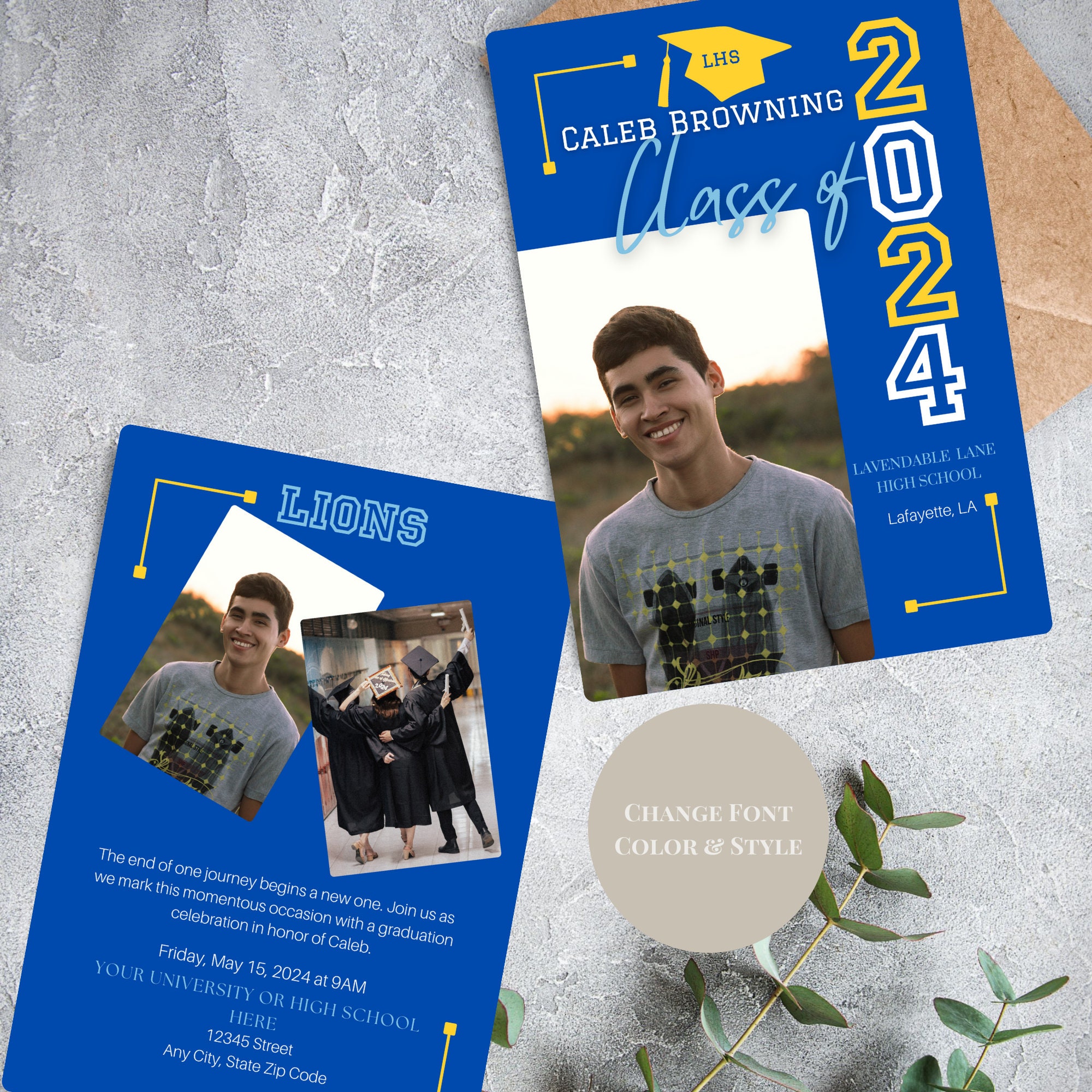 Cobalt Blue Yellow and White Grad Announcement, High School Graduation ...