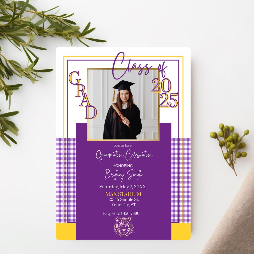Custom LSU Purple and Gold Gingham Print Grad Announcement, Purple ...
